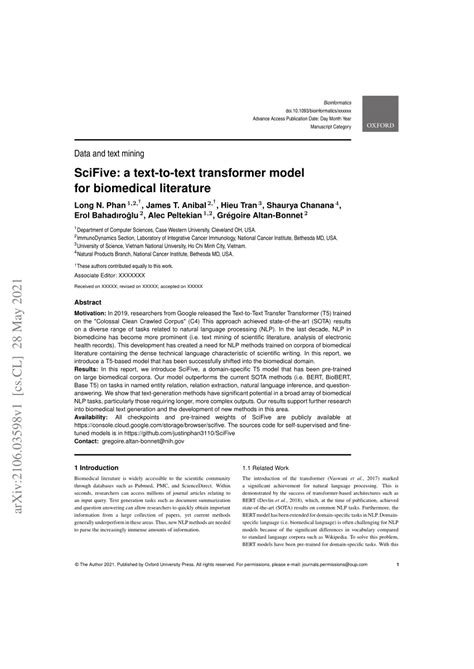 Pdf Scifive A Text To Text Transformer Model For Biomedical Literature
