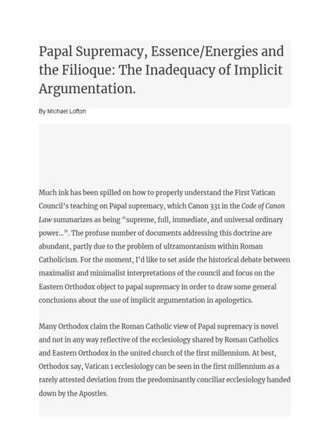 Papal Supremacy Essence Energies And The Filioque The Inadequacy Of Implicit Argumentation