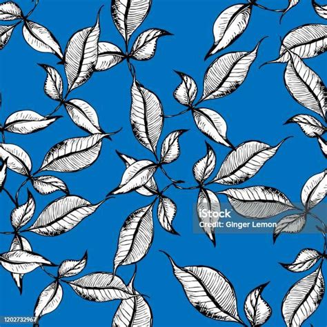 벡터 원활한 윤곽선은 패턴을 남깁니다 파란색 배경에 새겨진 검은 색 잉크 패션 섬유 인쇄에 대한 유행 우아한 디자인 개념 가을에 대한 스톡 벡터 아트 및 기타 이미지