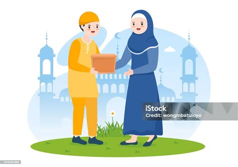 평면 만화 포스터 손으로 그린 템플릿 일러스트레이션에서 필요한 사람에게 자선 자카트 또는 인포크 기부를 제공하는 무슬림 사람들 Eid Mubarak에 대한 스톡 벡터 아트
