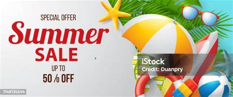 화려한 해변 요소와 여름 판매 벡터 배너 디자인입니다 벡터 일러스트 3차원 형태에 대한 스톡 벡터 아트 및 기타 이미지 3차원 형태 개념 계절 Istock