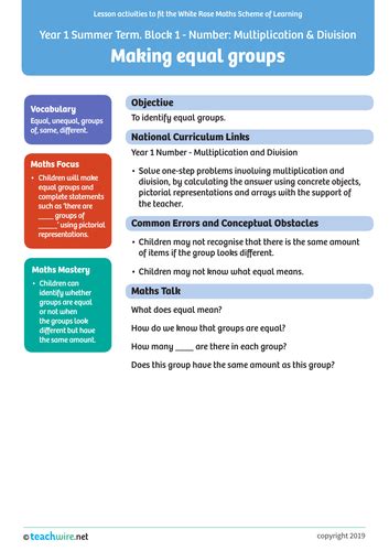 Y1 Summer Term Block 1 Number Multiplication And Division Making Equal Groups Teaching