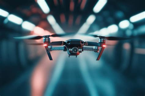 Futuristic Drone Flying In Illuminated Tunnel With Motion Blur Effect