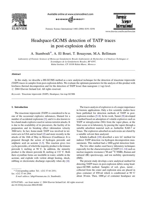 Pdf Headspace Gc Ms Detection Of Tatp Traces In Post Explosion Debris