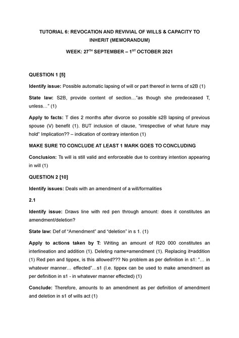 Tutorial 6 Memorandum Provided By Lecturer Tutorial 6 Revocation And Revivial Of Wills