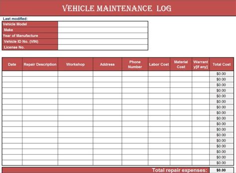 Vehicle Maintenance Log Templates Free Report Templates