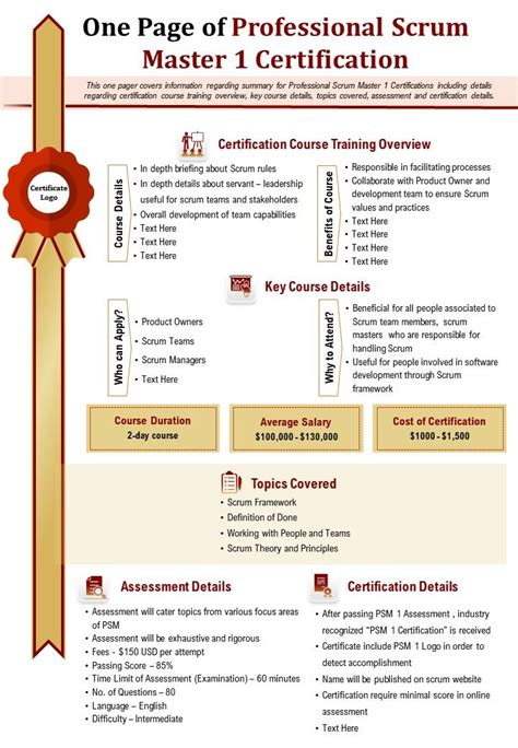 One Page Of Professional Scrum Master 1 Certification Presentation Report Ppt Pdf Document