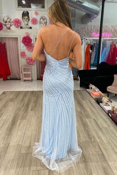 Elegant Sky Blue Sequined Spaghetti Straps Backless Prom Dress With Sl
