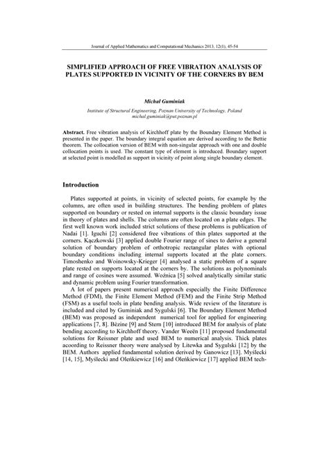 Pdf Simplified Approach Of Free Vibration Analysis Of Plates Supported In Vicinity Of The