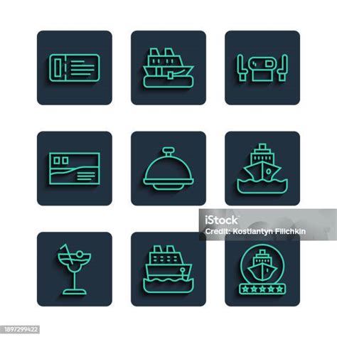 세트 라인 칵테일 유람선 포커 테이블 트레이 엽서 여행 티켓 및 아이콘으로 덮여 있습니다 벡터 가리기에 대한 스톡 벡터 아트 및 기타 이미지 Istock