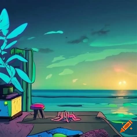 Neon Colored Lo Fi Room On The Beach With Plants On Craiyon