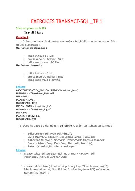 SOLUTION Exercice Corrig Sql Studypool