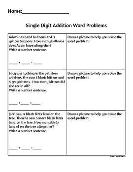 Single Digit Addition Word Problems By Mirza Downs TPT