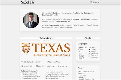 Github Scottwlai Personal Website A Static Website Mirroring My Resume Made With Html Css