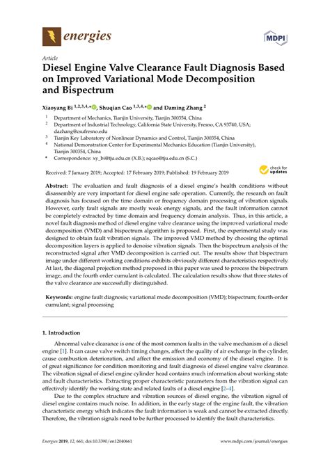 Pdf Diesel Engine Valve Clearance Fault Diagnosis Based On Improved Variational Mode