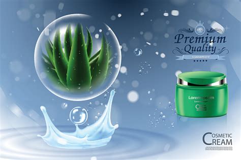 럭셔리 화장품 병 패키지 스킨 케어 크림 알로에 베라 로션 얼굴 젤 뷰티 화장품 제품 포스터 Bokeh와 물 드롭 배경 알로에