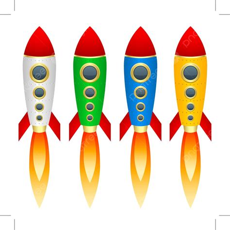 Collection Of Colorful Rockets Vector Isolated Objects On A White