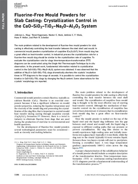 Pdf Fluorine Free Mould Powders For Slab Casting Crystallization Control In The Cao Sio 2