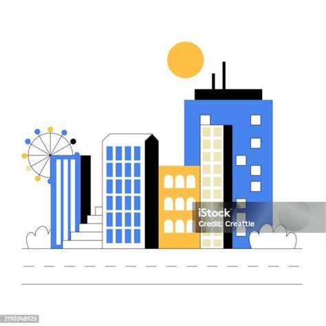 관람차와 현대 건물이 있는 도시의 스카이라인 도시 풍경 건축 관광을 상징하는 평면 벡터 일러스트 레이 션 흰색 배경에 고립 된 0명에 대한 스톡 벡터 아트 및 기타 이미지