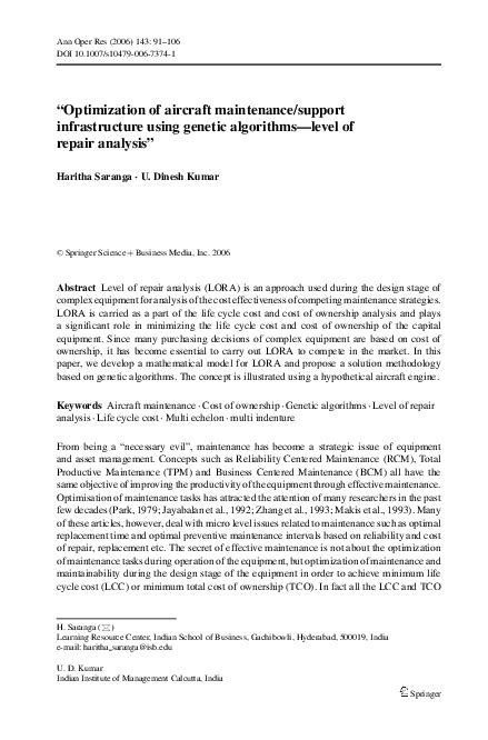 Pdf Optimization Of Aircraft Maintenance Support Infrastructure Using Genetic Algorithms