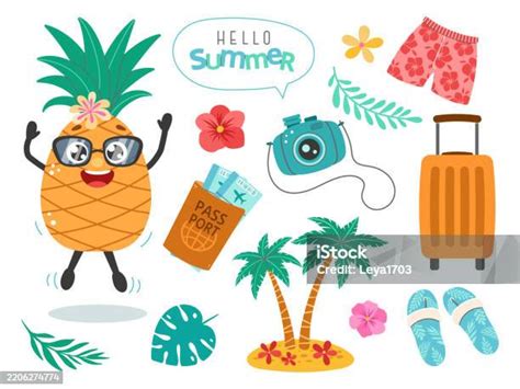 Y2k 스티커 컬렉션 만화 여름 해변 일러스트 세트 파인애플 캐릭터 여권 등 밝고 장난기 넘치는 디자인 벡터 일러스트 레이 션