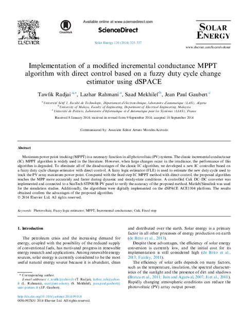 Pdf Implementation Of A Modified Incremental Conductance Mppt
