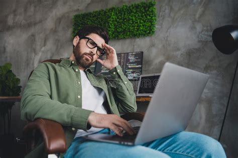 Portrait Of Professional Hacker Young Man Laptop Computer Desk Loft Interior Office Indoors