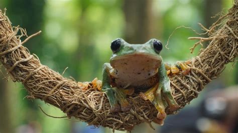 Premium Photo A Tree Frog Sits On A Branch With Its Mouth Open And A Leafy Background