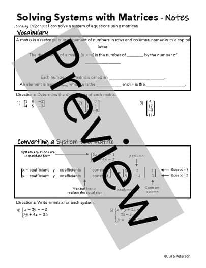 Solving Systems Of Equations With Matrices Matrix Lesson Notes