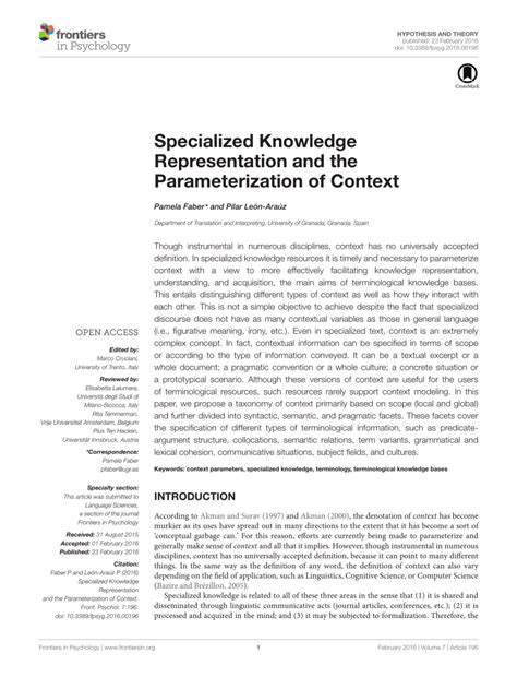 Pdf Specialized Knowledge Representation And The Parameterization Of Context