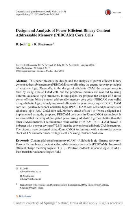 Design And Analysis Of Power Efficient Binary Content Addressable Memory Pebcam Core Cells