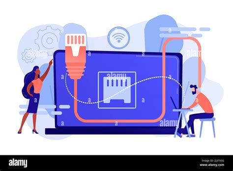 Businessman At Table Using Laptop With Ethernet Connection Ethernet Connection Lan Connection