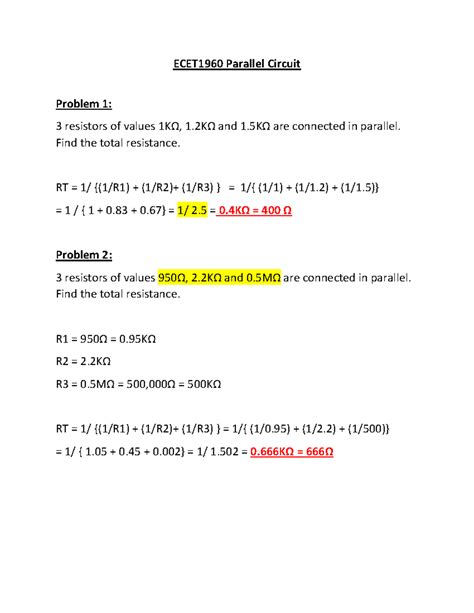 Week 5 Parallel Circuit Problems Ecet1960 Parallel Circuit Problem 1 3 Resistors Of Values
