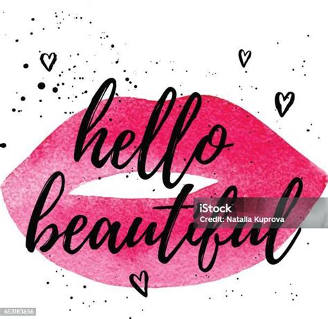 안녕하세요 아름 다운 인사말 카드 포스터를 패션 벡터 핸드 레터링 핑크 수채화 입술 텍스처에 견적 벡터 손으로 그려진된 배경 그려 디자인에 대한 스톡 벡터 아트 및 기타