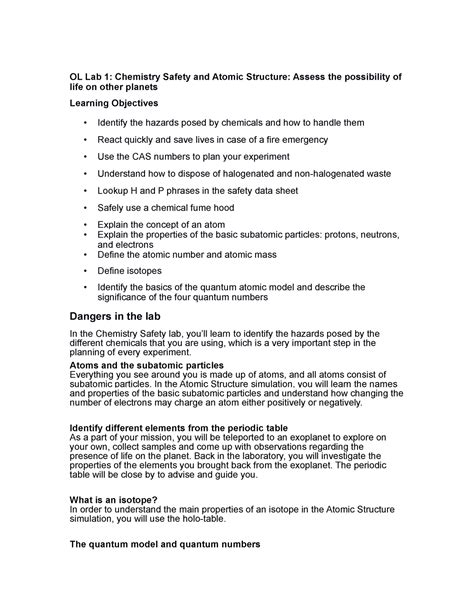 Chem 120 Week 1 Labreport Ol Lab 1 Chemistry Safety And Atomic