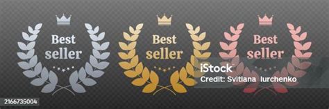 베스트 셀러 스티커 또는 배지 월계관과 왕관이 있는 순위 및 수상 요소 세트는 금색 은색 로즈 골드 색상입니다 플랫 스타일의 벡터 일러스트 레이 션 0명에 대한 스톡 벡터