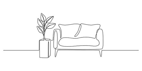 연속적인 한 선 그리기로 가정용 식물이 있는 소파 심플한 리니어 스타일의 현대적인 객실과 가정용 가구 편집 가능한 스트로크 낙서 윤곽 벡터 일러스트 레이 션 0명에 대한