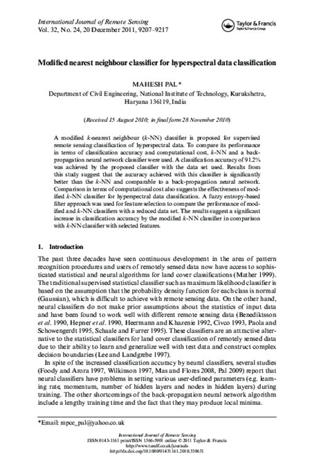 Pdf Modified Nearest Neighbour Classifier For Hyperspectral Data Classification