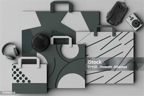 회색 톤의 기하학적 멤피스 스타일 모양으로 쇼핑 백의 구성으로 디자인 3d 렌더링 일러스트레이션 3차원 형태에 대한 스톡 사진 및 기타 이미지 Istock