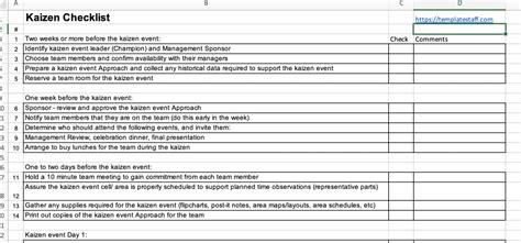 Kaizen Continuous Improvement Checklist For Microsoft Excel