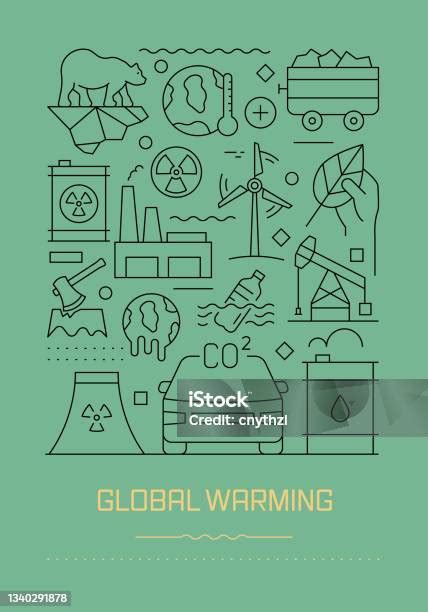 지구 온난화 관련 현대 라인 디자인 브로셔 포스터 전단지 프리젠 테이션 템플릿 벡터 일러스트 기후 변화에 대한 스톡 벡터 아트