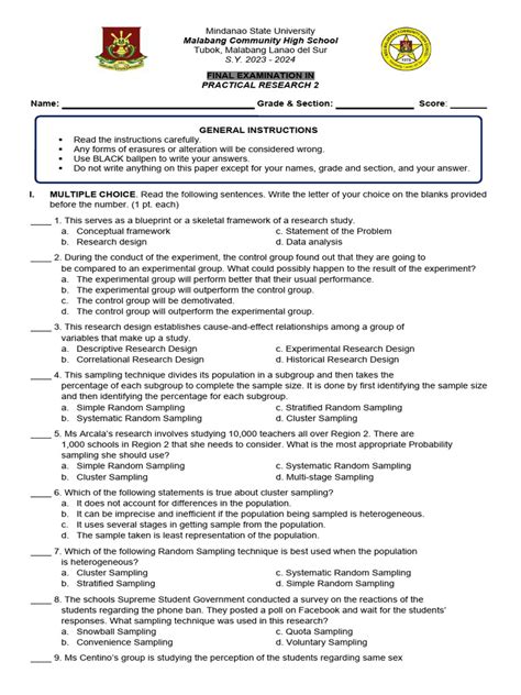 Research Final Exam Pdf Sampling Statistics Methodology