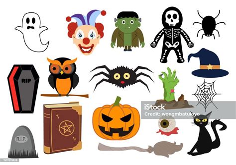 유령 호박 두개골 사탕 및 더 많은 만화 배경 템플릿과 같은 다양한 종류의 것들로 할로윈 요소 벡터 일러스트레이션 설정 10월에 대한 스톡 벡터 아트 및 기타 이미지