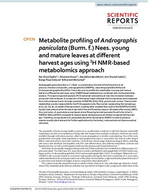 Pdf Metabolite Profiling Of Andrographis Paniculata Burm F Nees Young And Mature Leaves