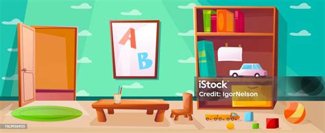 게임 장난감 Abc와 어린이 또는 어린이를위한 놀이방 개방형 도어와 옷장이 있는 인테리어 공부를 위한 테이블이 있는 초등학교 수업 구름 그림과 배경 화면입니다 0명에 대한