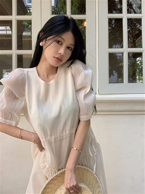 블롱뮤 오간자 쉬폰 롱 원피스 라운드 넥 벌룬 퍼프 소매 시스루 하프 슬리브 프렌치 하이 웨스트 A 라인 밴딩 플레어 롱