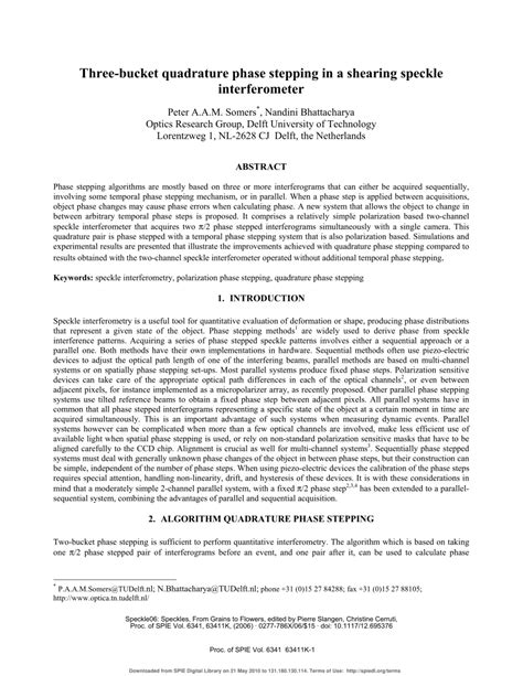 Pdf Three Bucket Quadrature Phase Stepping In A Shearing Speckle Interferometer