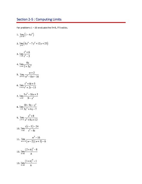 Calc I Computing Limits Assignment Section 2 5 Computing Limits For Problems 1 20