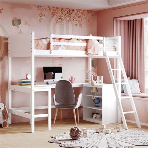 Polibi Twin Size Loft Bed With Shelves And Desk Wooden Loft Bed With Desk White Rs 43578aakt