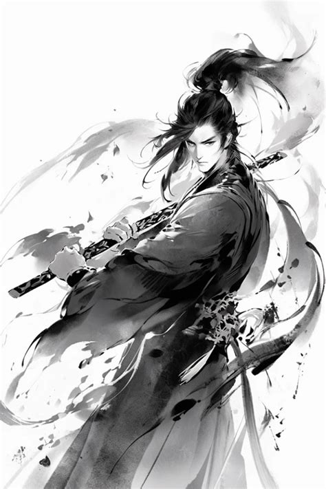 古风执剑少年水墨武侠剑客插画 花瓣网
